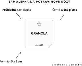 GRANOLA - omyvatelná samolepka na dózu, výběr rozměrů Ø 5 cm / 5 x 5 cm / 6 x 8 cm | DomaLEP tvar: ČTVEREC, barva: PRŮHLEDNÁ - ČERNÉ písmo, velikost: š. 5 cm x v. 5 cm - tučné písmo