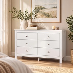 HOMCOM Komoda se 6 zásuvkami, příborník s hladce chodícími kolejnicemi pro ložnici, obývací pokoj nebo předsíň, 118 x 39,5 x 75,5 cm, bílá