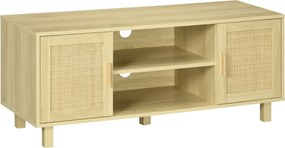 HOMCOM TV Stánek s Věšákem - 2 Přihrádky, 2 Skříně s Ratanovými Dveřmi, 115 x 40 x 48 cm, MDF s Povrchovou Úpravou Světle Dřevo