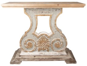 Béžový antik dřevěný odkládací stůl se zdobenou nohou Vinia - 121*40*99 cm