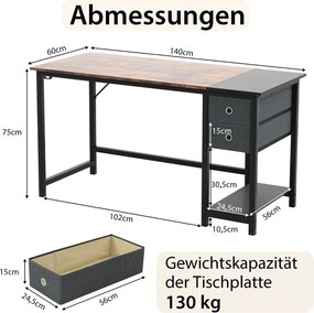 Costway 140 cm dlouhý stůl se 2 zásuvkami, háčkem na sluchátka a úložným