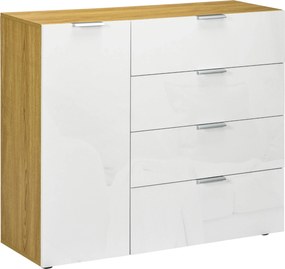 HOMCOM Komoda do ložnice, obývacího pokoje s 4 lesklými zásuvkami a nastavitelnými policemi pro jídelnu 105x35x92 cm Bílá a přírodní | Aosom