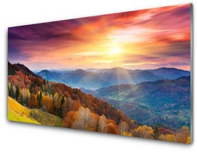 Obraz na skle Hora Les Slunce Krajina 140x70 cm