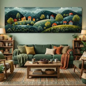 Obraz na plátně - Kopečky s vesnicí Viarel FeelHappy.cz Velikost obrazu (šířka x výška): 300 x 100 cm