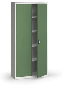 Plechová policová skříň na nářadí KOVONA, 1950 x 950 x 400 mm, 4 police, šedá/zelená