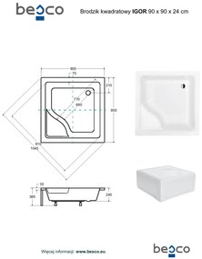 Hopa IGOR 90 x 90 cm sprchová vanička včetně nožiček bílá VANKIGOR90