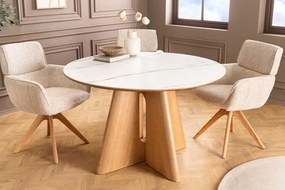 Kulatý keramický jídelní stůl Yenibeth 120 cm bílý mramor / dub