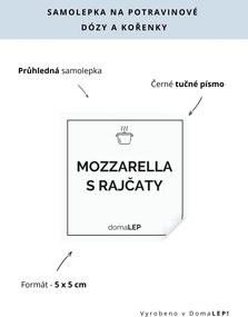 Samolepka na kořenky MOZZARELLA S RAJČATY průhledná 5 × 5 cm tučné písmo
