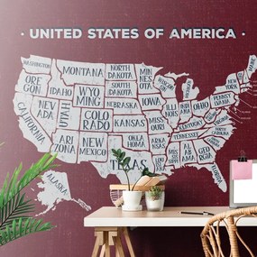 Tapeta naučná mapa USA s bordovým pozadím - 225x150 cm