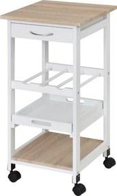 HOMCOM Kuchyňský vozík 4-patrový s kolečky a zásuvkami, regály a stojanem na víno pro kuchyň, obývací pokoj nebo jídelnu 37x37x76 cm Bílý