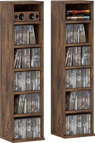 HOMCOM Sada 2 sloupkových polic CD-DVD skříň se 6 + 6 přihrádkami 21 x 22,5 x 88,5 cm maximální kapacita 204 CD rustikální hnědá | Aosom
