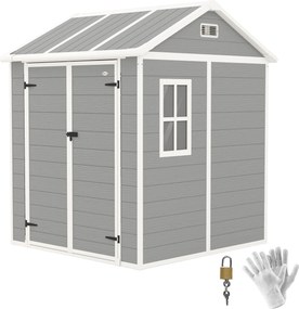 Zahradní kůlna Outsunny s povrchem připomínajícím staré dřevo, 2,91 m², s dvojitými dveřmi a zámkem, šikmou střechou, 181x181x220 cm, šedá | Aosom