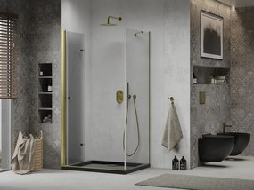Mexen Lima, sprchový kout se skládacími dveřmi 100 (dveře) x 80 (stěna) cm, 6mm čiré sklo, chromový profil + slim sprchová vanička černá + zlatý sifon, 856-100-080-50-00-4070G
