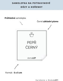 Samolepka na kořenky PEPŘ ČERNÝ průhledná  5 × 5 cm základní písmo