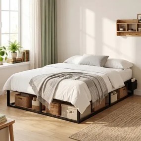 HOMCOM rám postele 140 x 190 cm s lamelovým roštem, manželská postel s úložným vakem, dřevěné lamely, černá