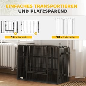 PawHut výběh, 60 cm vysoký výběh pro štěňata s dvířky, ohrádka pro štěňata, výběh pro psy s 12 panely, výběh pro psy, ocel, černá