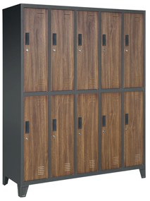 JAN NOWAK Plechová šatní skříňka Eco Design na nožkách s 10 boxy industriální styl model BARTEK 1360x1720x450, antracitová/ořech
