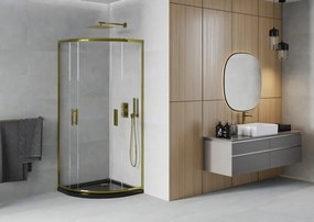 Mexen Rio, čtvrtkruhový sprchový kout s posuvnými dveřmi 90 (dveře) x 90 (dveře) x 190 cm, 5mm čiré sklo, zlatý profil + černá sprchová vanička SLIM, 863-090-090-50-00-4170G