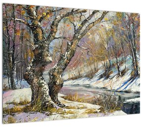 Skleněný obraz malované zimní krajiny (70x50 cm)