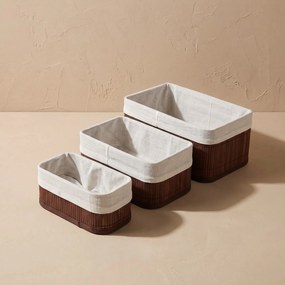 Sada 3 bambusových košíků s textilní vložkou, 30 x 20 x 13 cm, černá