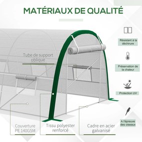 Zahradní tunelová skleník Outsunny 18m² – 6L x 3W x 2H m - 8 oken, zabalovací zipová vrata - Rám z pozinkované oceli, bílý kryt z vysoce hustého PE