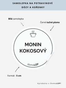 Samolepka na láhev MONIN KOKOSOVÝ průměr 5 cm – bílá vinylová, voděodolná, omyvatelná samolepka na dózy, tučné písmo