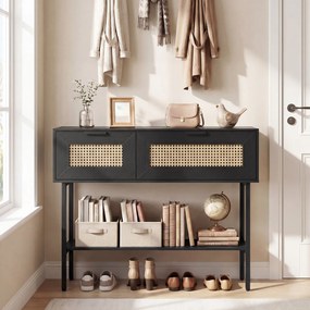 Costway Boho console table with 2 compartments a open shelf. Narrow hallway