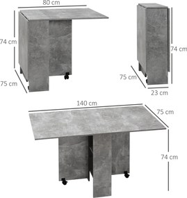 HOMCOM Skládací jídelní stůl s kolečky, skládací křídla a police pro 4-6 osob 75x140x74 cm šedý cement