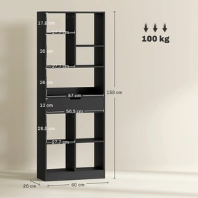 HOMCOM Knihovna s Šuplíkem a 9 Úložnými Prostory, Knihovna pro Obývací Pokoj, Kancelář nebo Studovnu 60x26x158 cm Černá