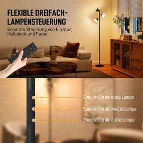 HOMCOM Stojací lampa stmívatelná s čtecí lampou, stojací lampa RGB s měnícími se barvami s dálkovým ovládáním, dotykové ovládání, 3 otočné hlavy, čer…