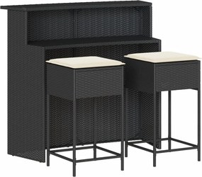 3dílný zahradní barový set s poduškami černý polyratan 3261486