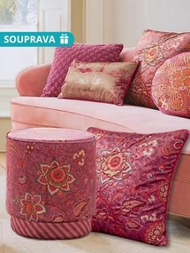 Set puf Mumbai Morning + polštář Mumbai Morning 60 x 60 cm (Růžově laděný dekorační set pufu a velkého polštáře s výšivkou)