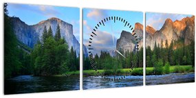 Obraz divoké horské krajiny (s hodinami) (90x30 cm)