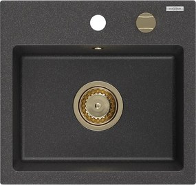 Mexen Milo, granitový dřez 435x410x171 mm, 1-komorový, černá skvrnitá se zlatým sifonem, 6505441000-76-G