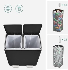 Vzduchotěsný kovový pedálový dvojitý odpadkový koš 2 x 30l, s 15 pytli na odpadky, černý