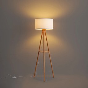 Skandinávská stojací lampa dřevěná s látkovým stínidlem bílá - Lou