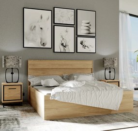 Ložnice MEDIOLAN | dvoulůžko + 2x noční stolek s černými kovovými nožičkami | natural hikora
