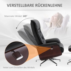 HOMCOM Relaxační křeslo s taburetem Otočné o 360° Naklápěcí o 145° Čalouněné křeslo Chesterfield Potah PU Dřevěné obložení Kovová základna 82x83x110c…