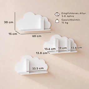 AIYAPLAY sada 3 nástěnných dětských regálů 60 cm, dětský knihovník ve tvaru oblaku, plovoucí knihovník Montessori pro 3–8 let, bílý