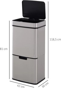 HOMCOM Odpadkový koš 72L Odpadkový koš se senzorem, systém třídění odpadu, 3 přihrádky, nerez, stříbrná, 42x30x81 cm| Aosom