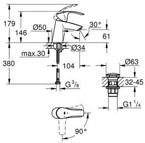 Grohe Eurosmart Umyvadlová baterie ColdStart s výpustí click-clack, chrom 23924002