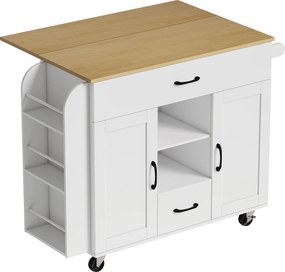 HOMCOM Kuchyňský ostrůvek na kolečkách, skládací pracovní plocha, skříňky se soft-close dveřmi, zásuvky, držák na ručníky, MDF, bílá