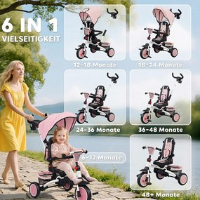 AIYAPLAY Dětská tříkolka, 6-v-1 buggy pro malé děti, s tlačnou tyčí, nastavitelným sedadlem, skládacím designem, bezpečnostní sítí