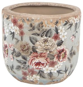 Zelený keramický dekorační květináč s květy Floria M - Ø 14*13 cm