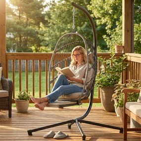 Outsunny závěsné křeslo s rámem, skládací závěsné křeslo s vyklápěcí opěrkou nohou, světle šedá