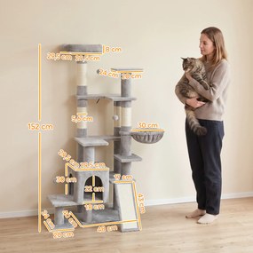 PawHut Škrabadlo velké, 152 cm vysoký kočičí strom se škrabacími sloupky, jeskyně 2 vstupy, 3 míčky, houpačka, 6 kg, světle šedá