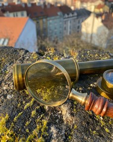 Mosazná sada - kompas, lupa a dalekohled v dřevěném boxu