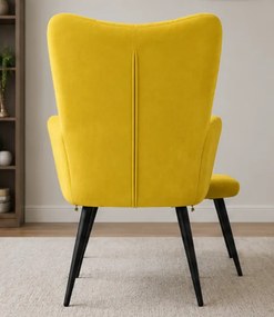 křeslo relaxační, s podnožkou, odpočinkové, ušák, kov/samet, 98x63x69 cm, černá/hořčicově žlutá, Dekorino KR20260019