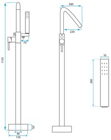 Rea Aras, volně stojící vanová baterie h-1105, černá matná, REA-B2717