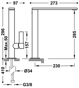 PROJECT TRES Jednopáková umyvadlová baterie ramínko 34x10 mm, zvýšená 29,6 cm, ocel 21140501AC